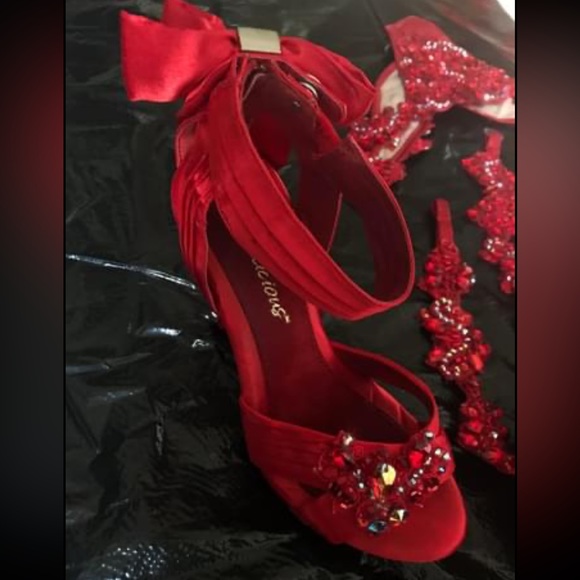 Delicious | Shoes | Red Satin Heels Embellished | Poshmark